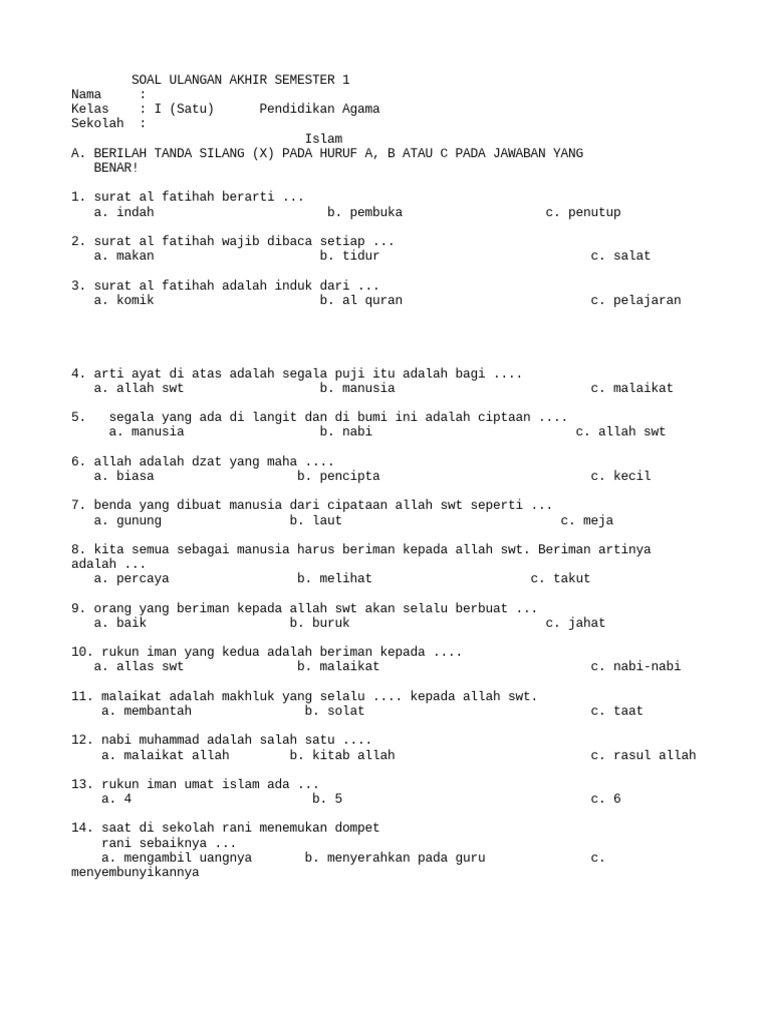 Soal UAS PAI Kelas 1 SD Semester 1 Ganjil Dan Kunci Jawaban WWW Bimbelbrilian Com | PDF
