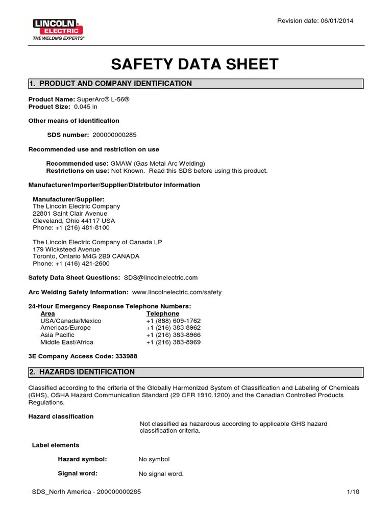 Lincoln Electric L 56 MSDS | PDF | Manganese | Welding