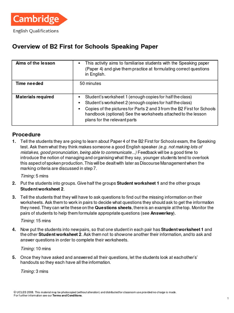 Cambridge English b2 First For Schools Overview of Speaking Paper | PDF ...