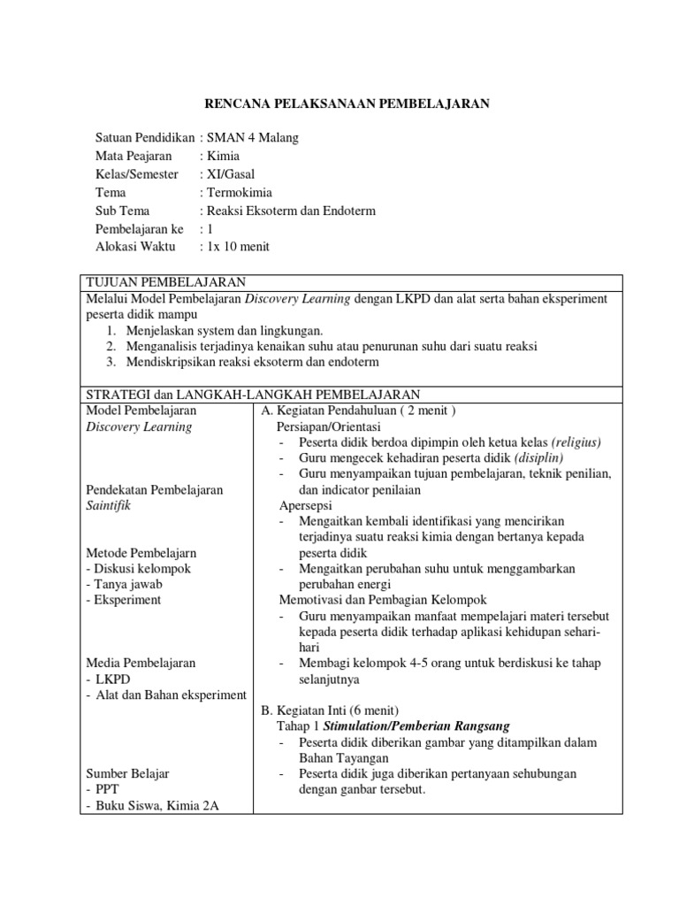 Rencana Pelaksanaan Pembelajaran: Discovery Learning | PDF