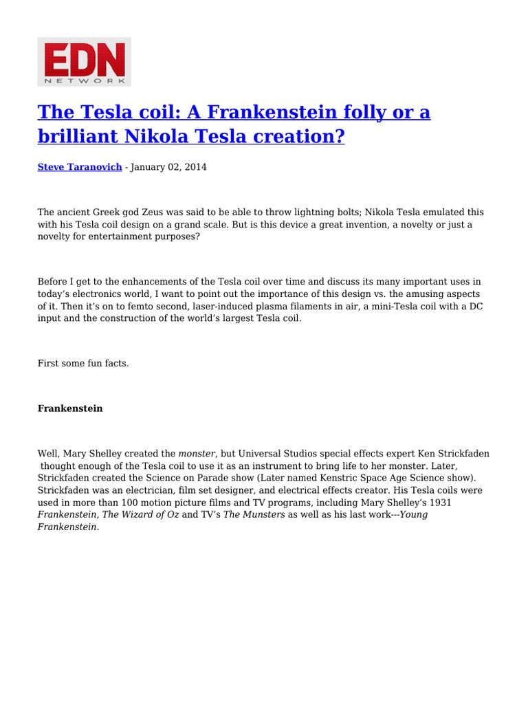The Tesla Coil A Frankenstein Folly or A Brilliant Nikola Tesla ...