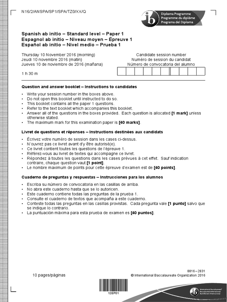 Spanish Ab Initio Paper 1 Question Booklet SL Spanish | PDF