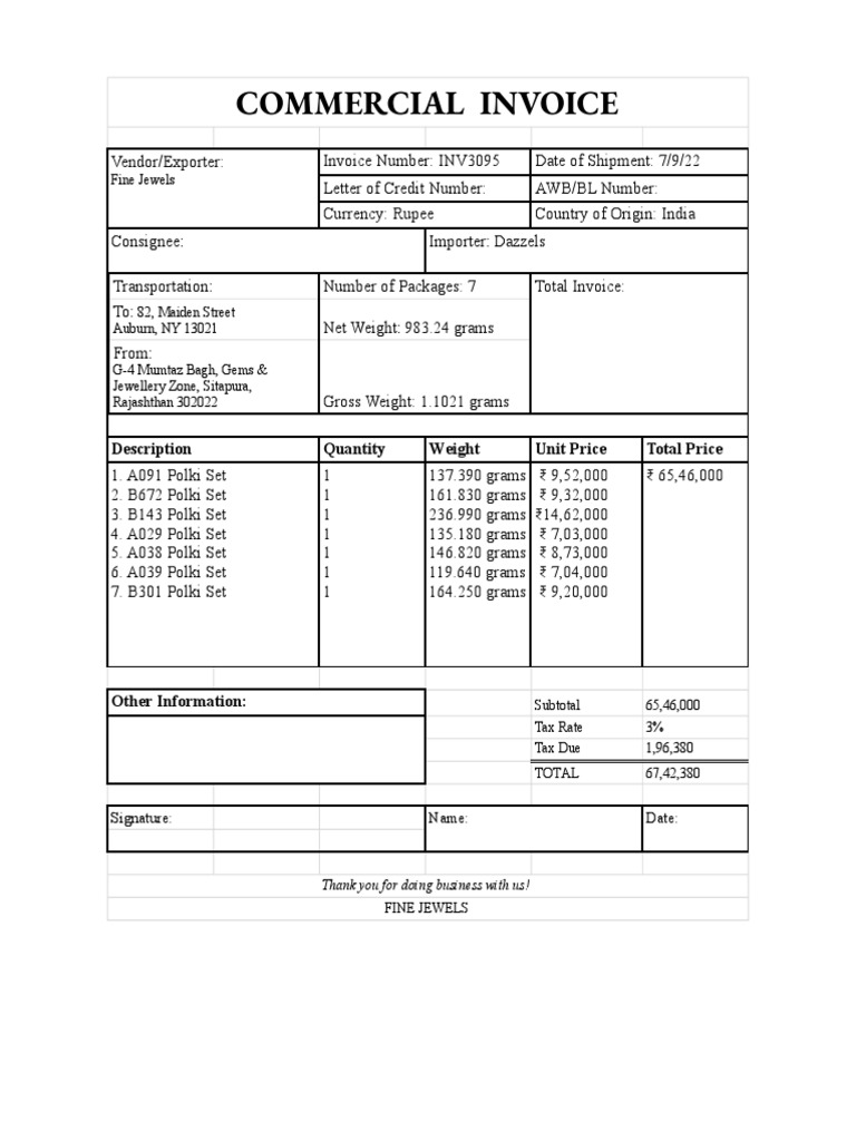 Commercial Invoice - Sample | PDF