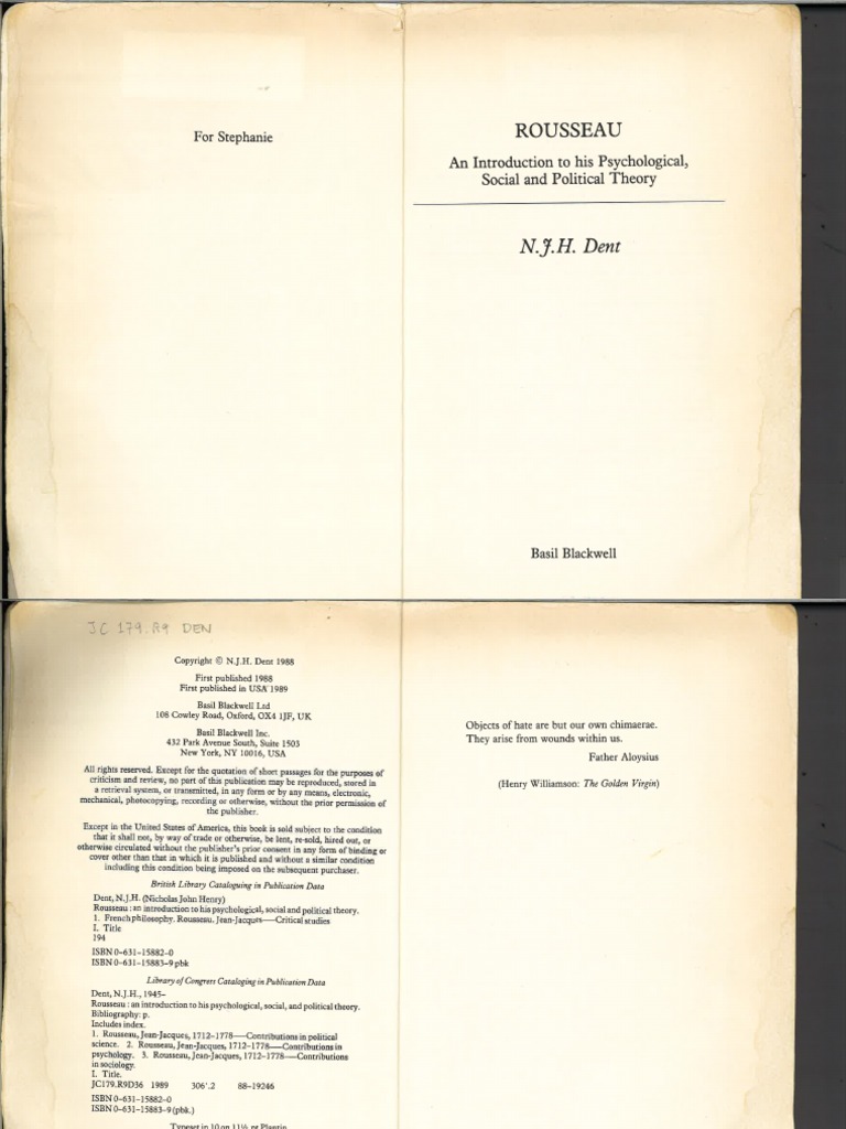 Dent, Nicholas Rousseau An Introduction To His Psychological, Social ...