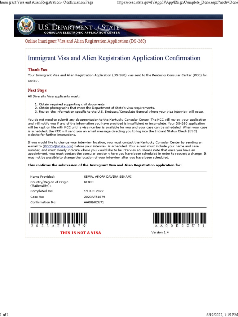 AKOFA Immigrant Visa and Alien Registration - Confirmation Page | PDF | Travel Visa | Consul ...