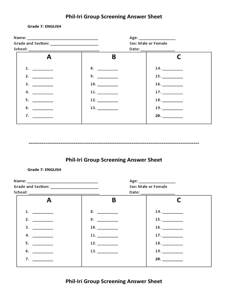 Phil-Iri Answer Sheet (GST) | PDF | Sex