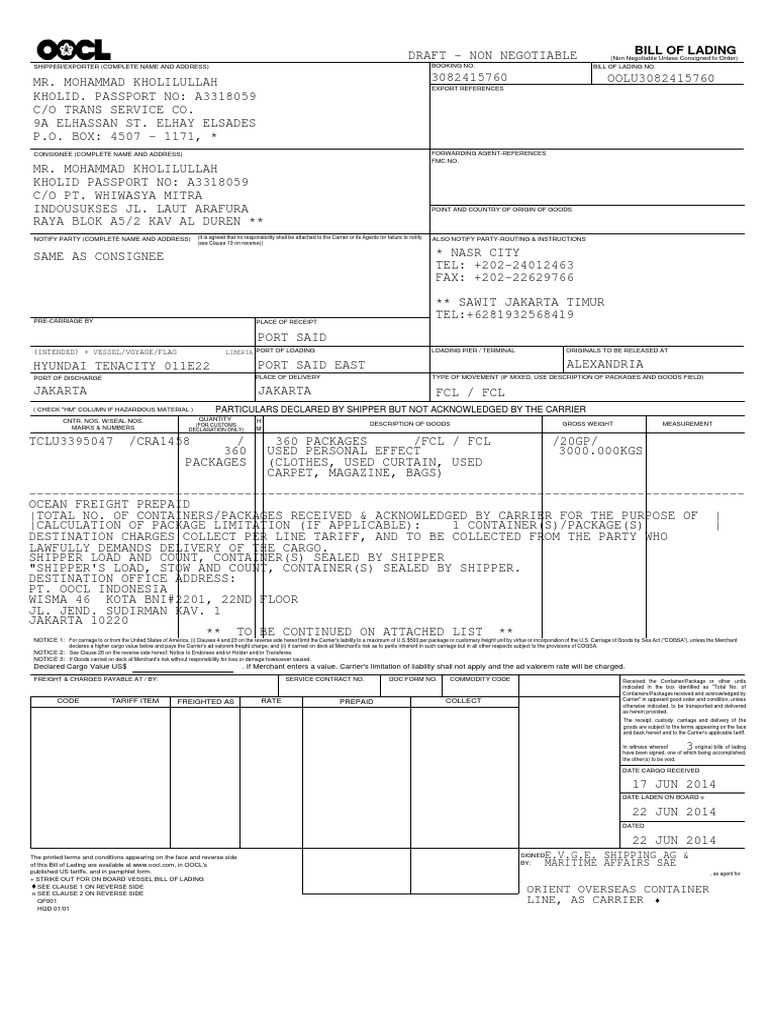 Oocl Bill of Lading | PDF | Cargo | Bill Of Lading