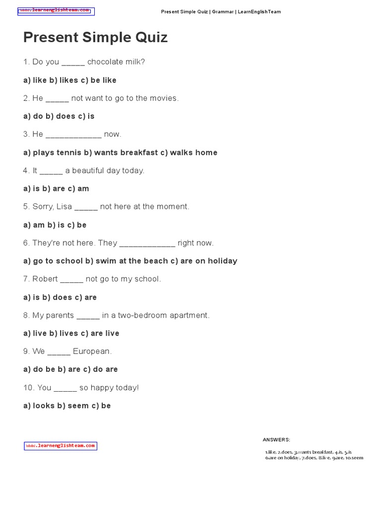 Present Simple Tense Quiz Pdf