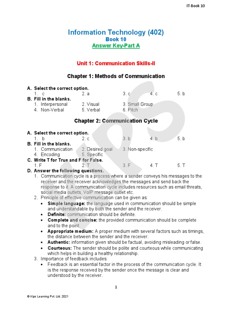 Information Technology - 10 Answer Key-Part A - Updated | PDF ...