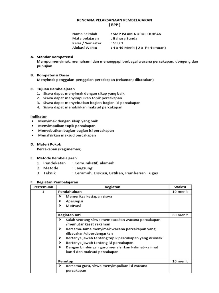 RPP Bahasa Sunda Kelas 7 Semester 1 | PDF