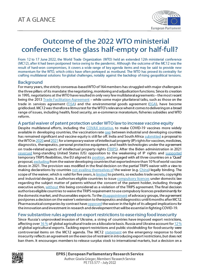 Utcome of The 2022 WTO | PDF | World Trade Organization | Trips Agreement