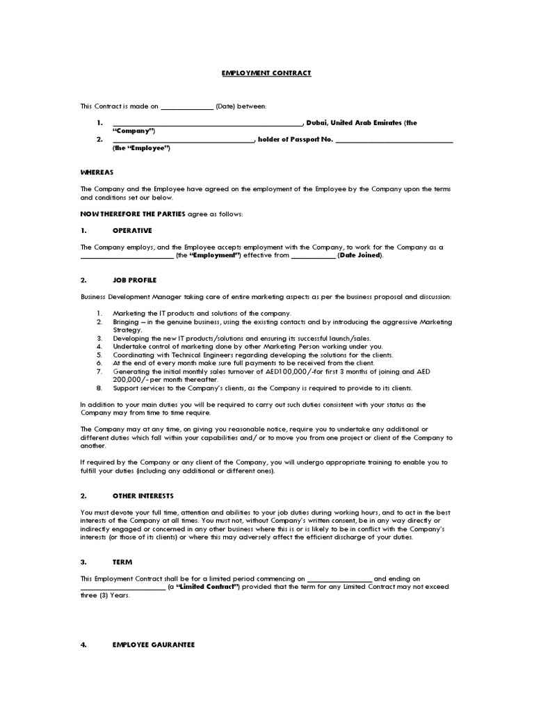 Employment Agreement Pdf Employment Working Time