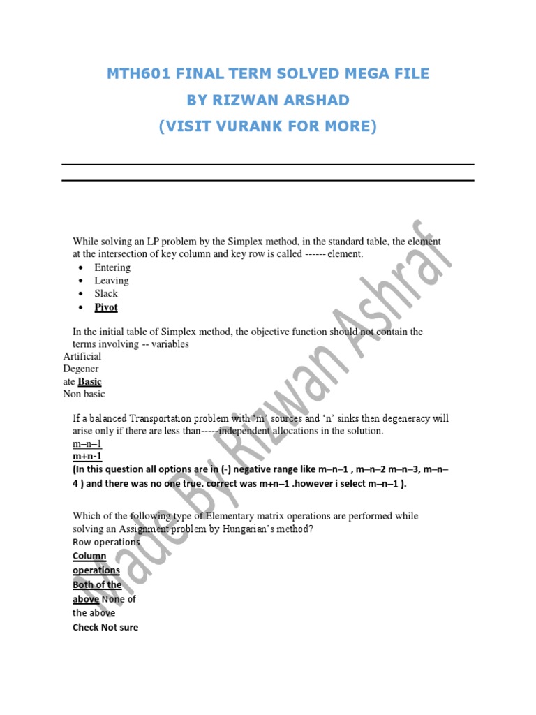 MTH601 Final Term Solved Mega File by Rizwan | PDF | Linear Programming | Mathematical Optimization