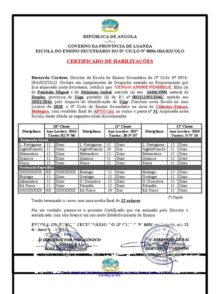 Certificado de Conclusão do Ensino Secundário de Yengo André Pembele ...