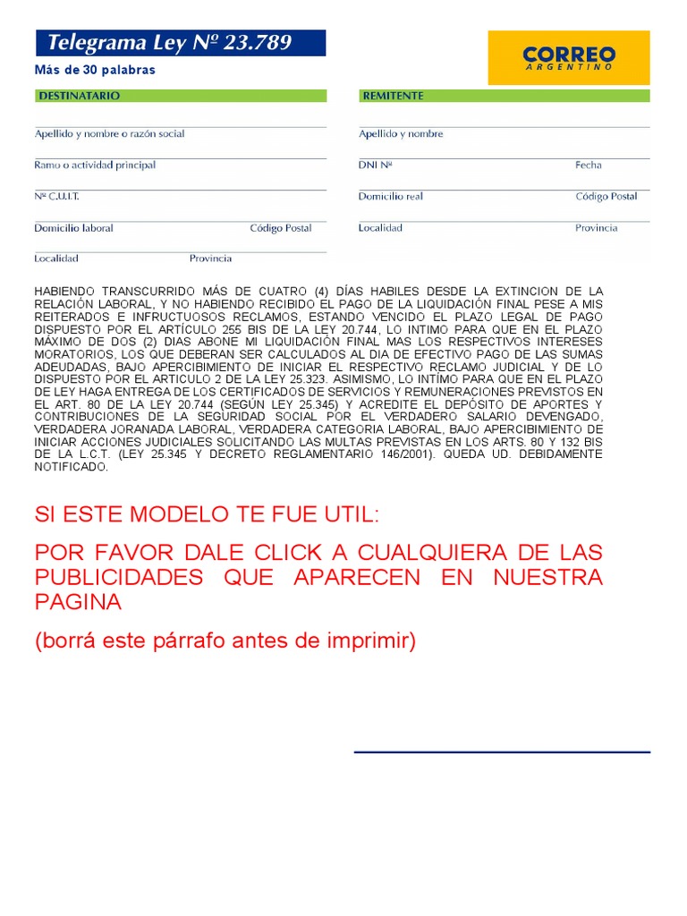 Modelo Telegrama Laboral Por Falta de Pago Liquidacion Final Listo para Imprimir | PDF | Derecho