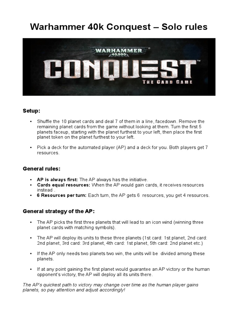 Warhammer 40k Conquest Solo Rules | PDF | Playing Cards | Tabletop Games