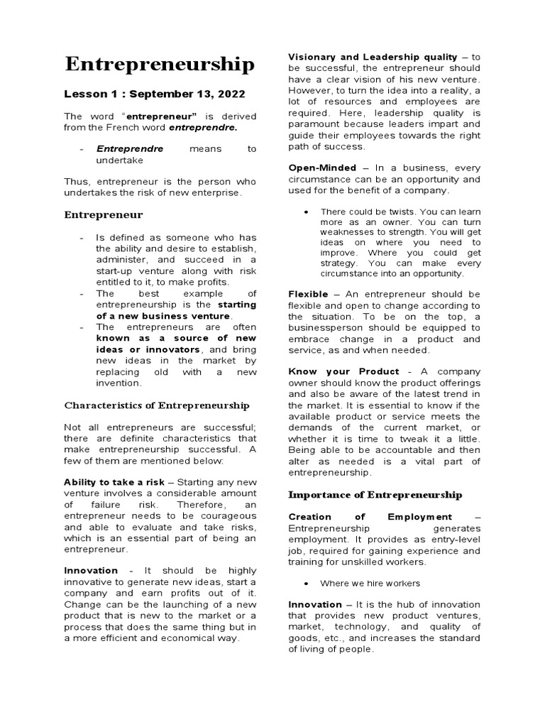 Entrepreneurship Lesson 1 | PDF | Entrepreneurship | Innovation