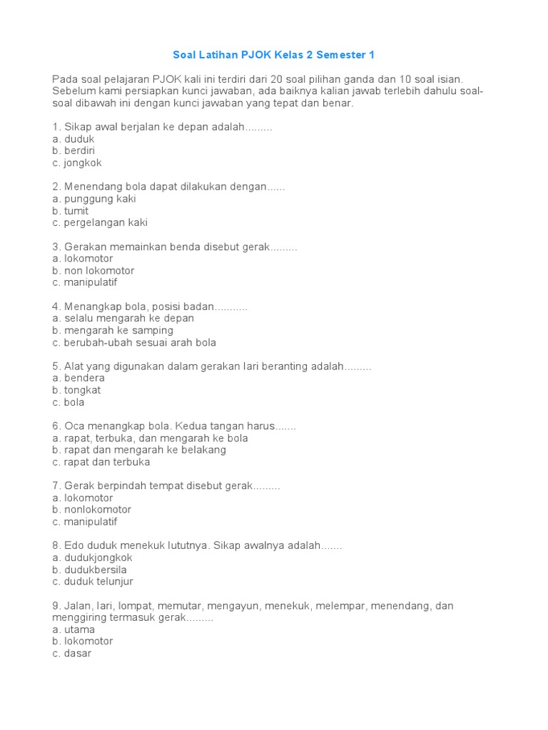 Soal Latihan PJOK Kelas 2 Semester 1 | PDF