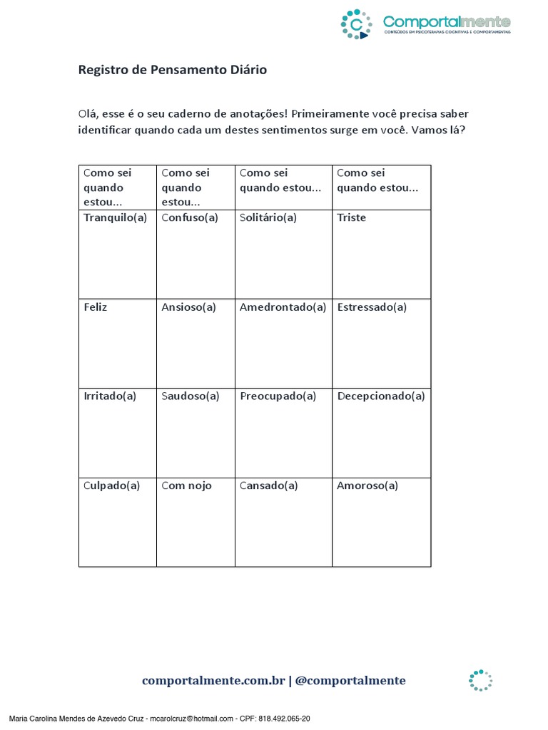 Registro de Pensamentos Diário | PDF | Emoções | Pensamento Registro de Pensamentos Diário | PDF | Emoções | Pensamento