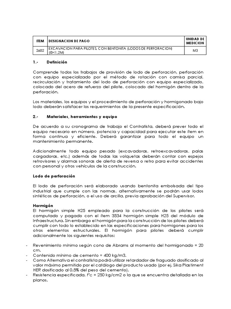 Item Excavación para Pilotes Con Bentonita Ops1 | PDF | Fundación ...