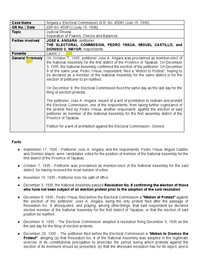 Case Digest - Angara v. Electoral Comission - GR No. 45081 - 15 July ...