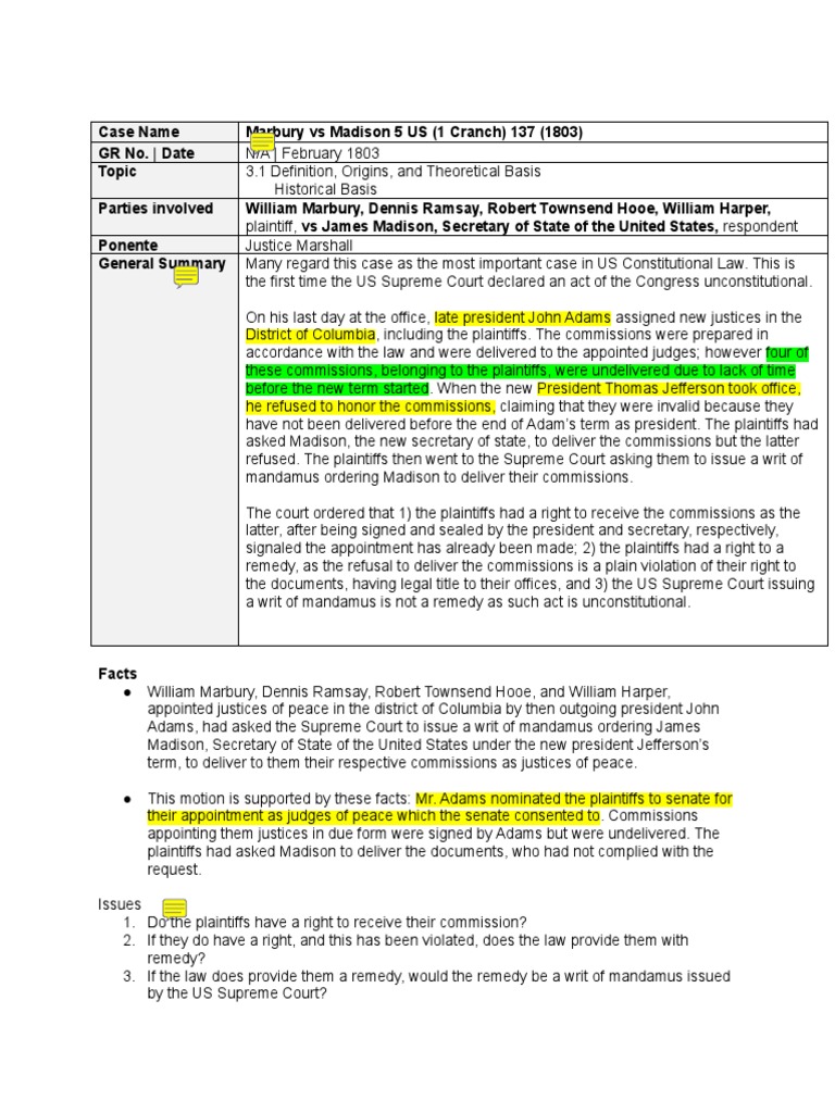 Case Digest - Marbury Vs Madison 5 US (1 Cranch) 137 - 1803 | PDF | Constitutional Law | Common Law