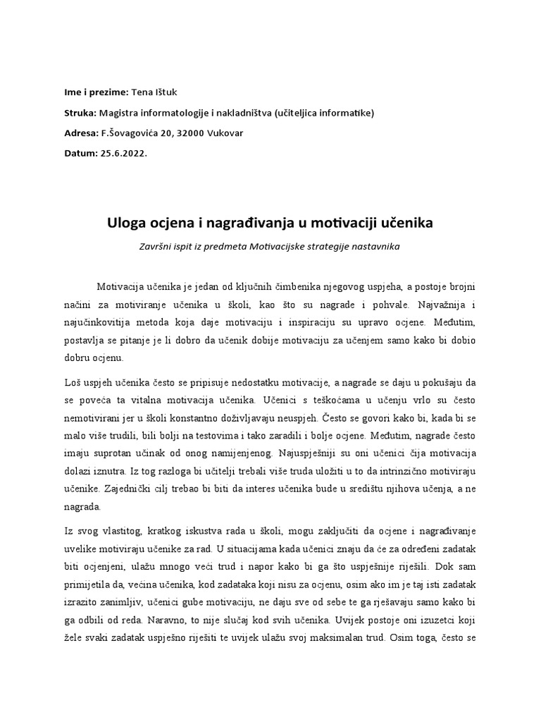 Esej - Motivacijske Strategije | PDF