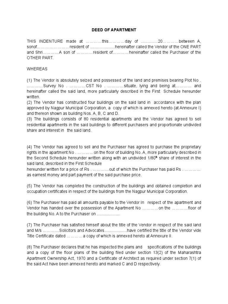 Deed of Apartment | PDF | Covenant (Law) | Common Law