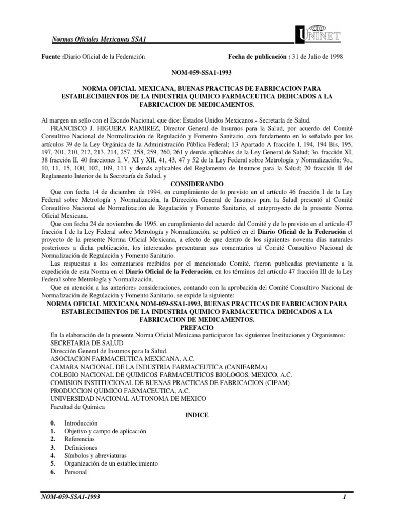 Nom 059 Ssa1 1993 | PDF | Medicamentos con receta | Calidad (comercial)