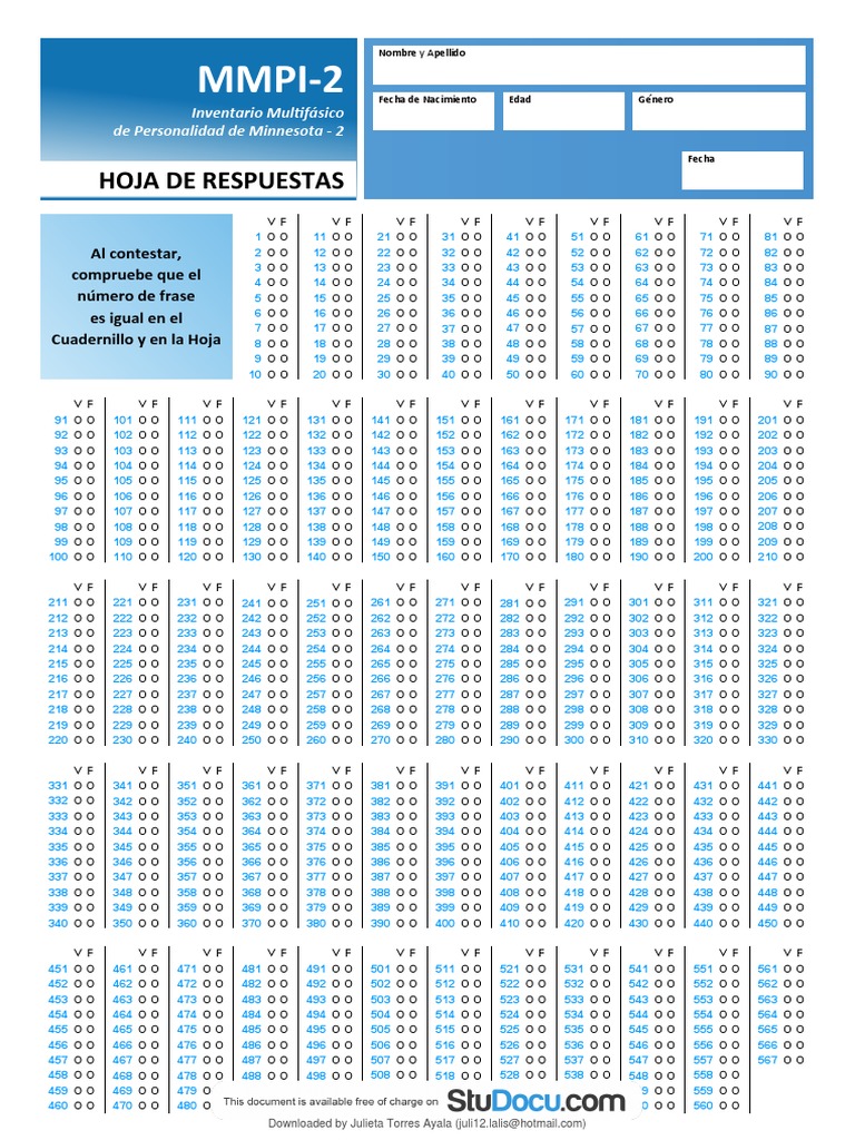 MMPI 2 Hoja de Respuestas | PDF