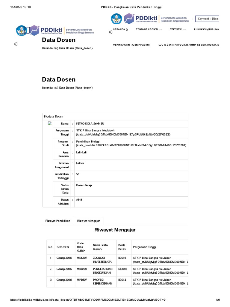 Riwayat Mengajar PDDikti - Pangkalan Data Pendidikan Tinggi | PDF