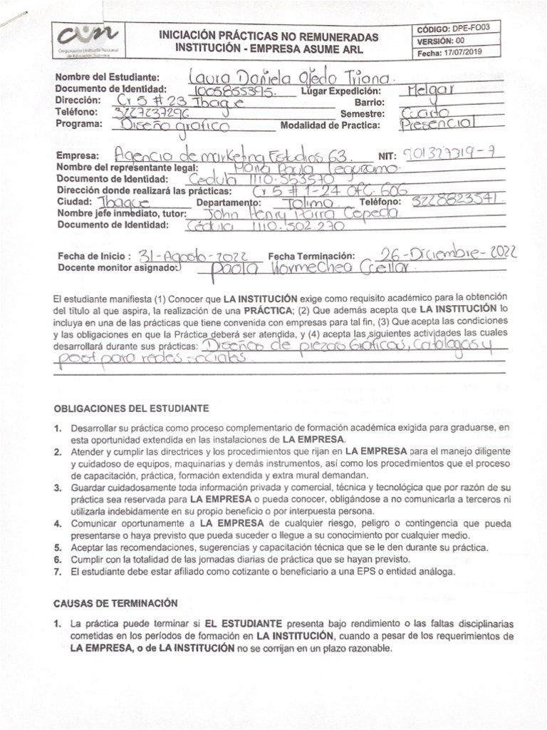 Prácticas Acta de Inicio CUN | PDF