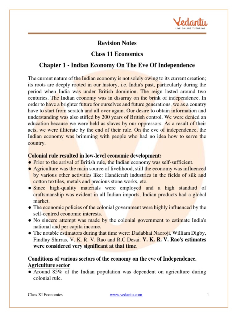Class 11 Indian Economic Development Chapter 1 - Revision Notes | PDF ...