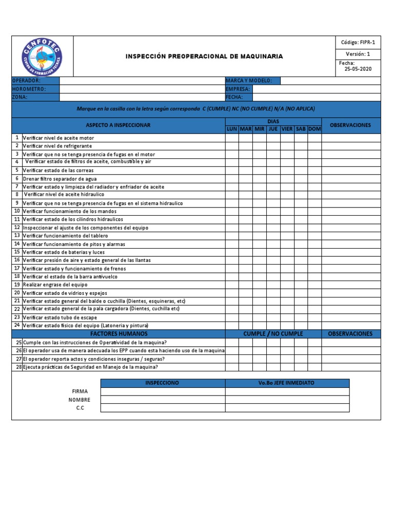Formato Preoperacional Maquina | PDF | Bienes manufacturados