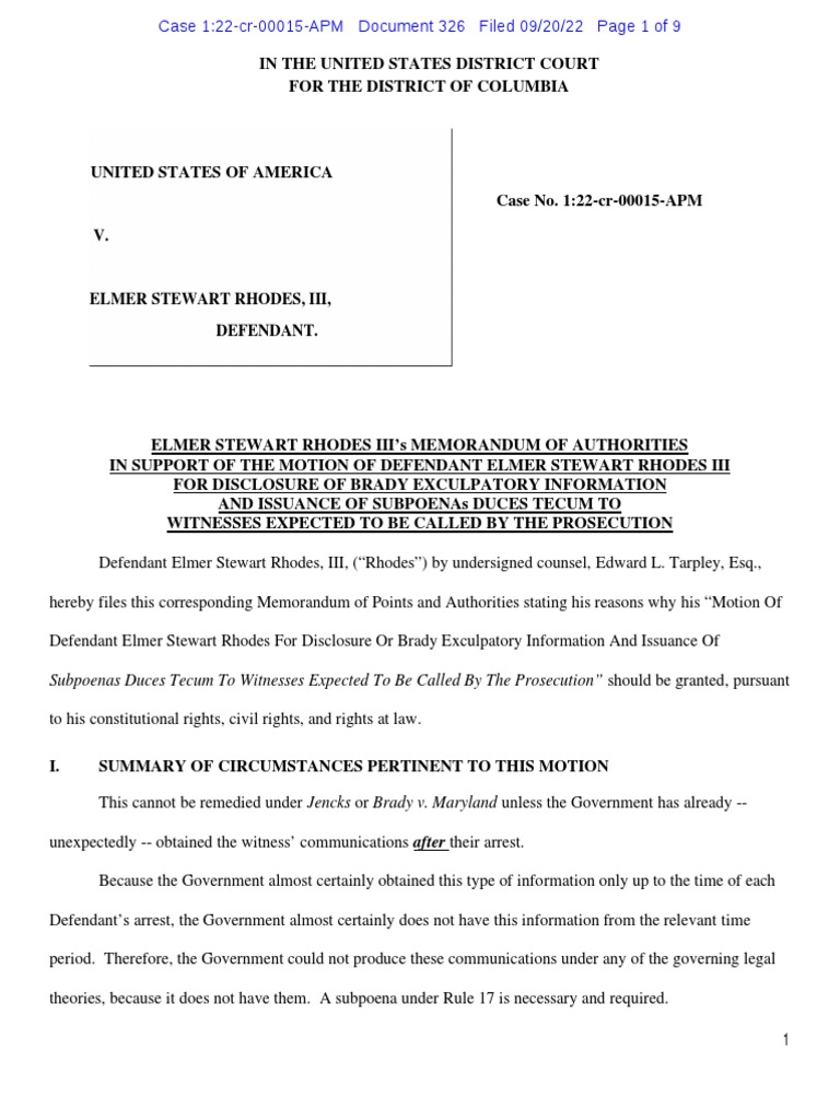 Rhodes Motion For Records Subpoena | PDF | Brady V. Maryland ...