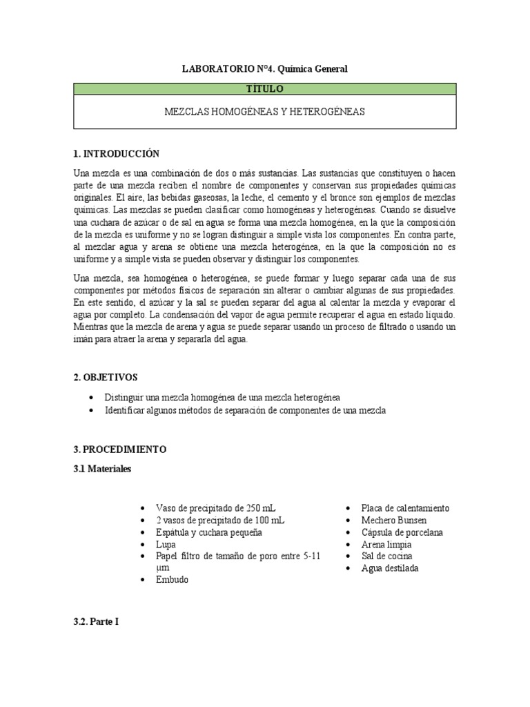 Laboratorio No. 4 Mezclas Homogeneas y Heterogeneas | PDF | Mezcla | Agua