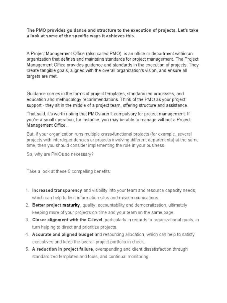 The PMO Provides Guidance and Structure To The Execution of Projects ...