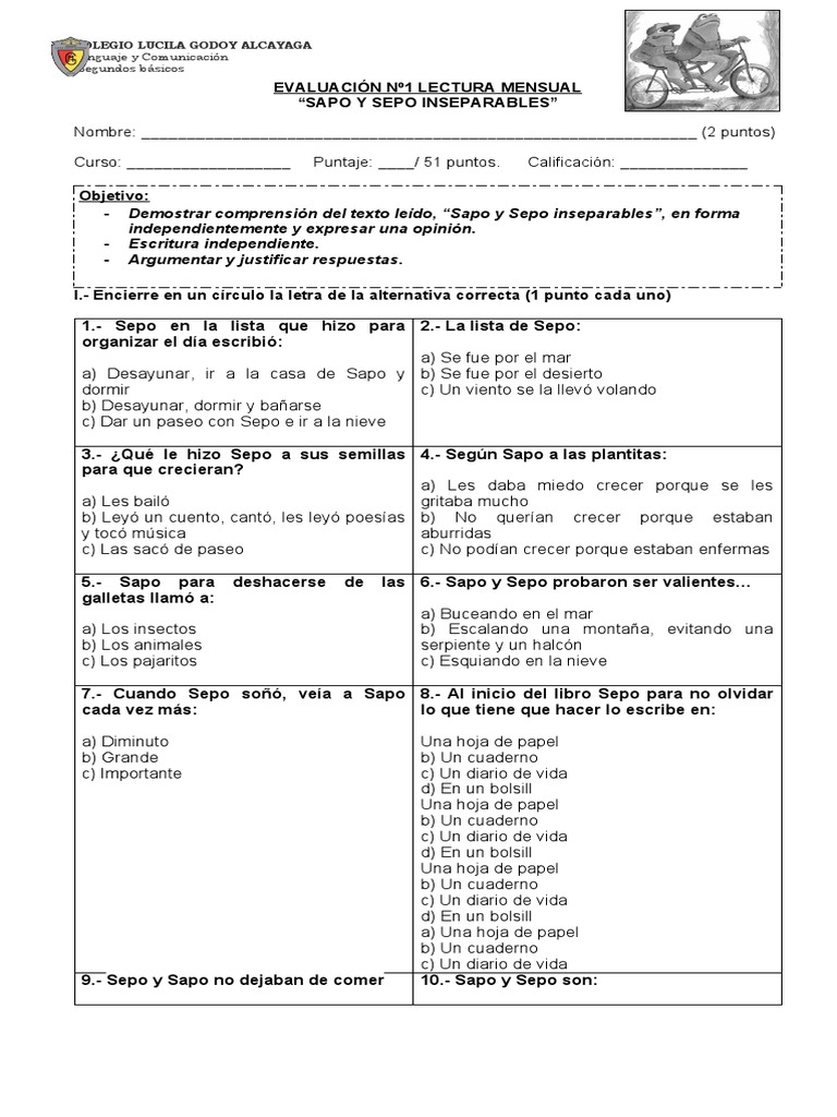 Prueba "Sapo y Sepo Inseparables" | PDF