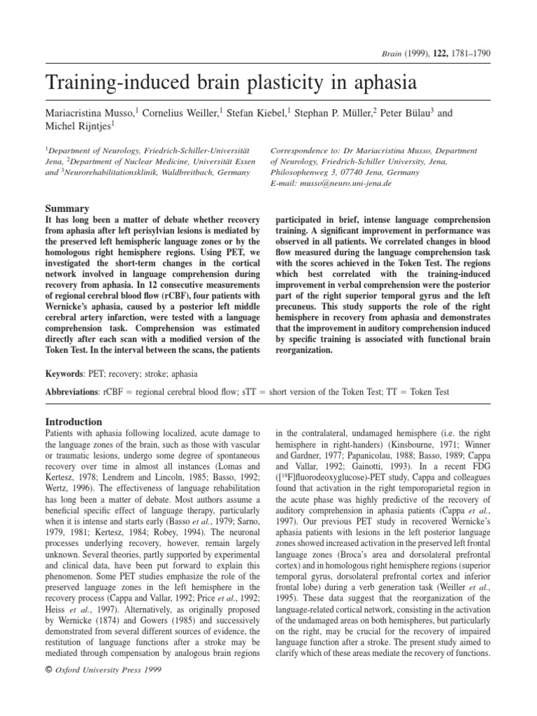 Training-Induced Brain Plasticity in Aphasia | PDF | Aphasia | Lateralization Of Brain Function
