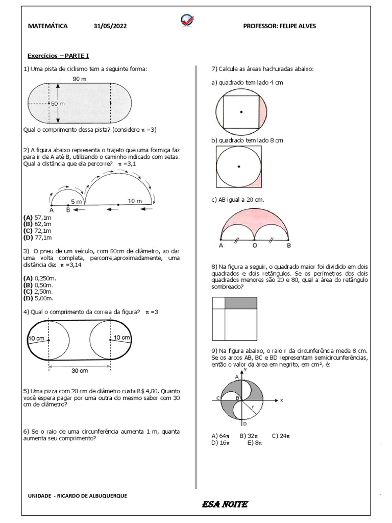 Exercícios de Matemática sobre Áreas de Figuras Planas | PDF | Triângulo | Círculo