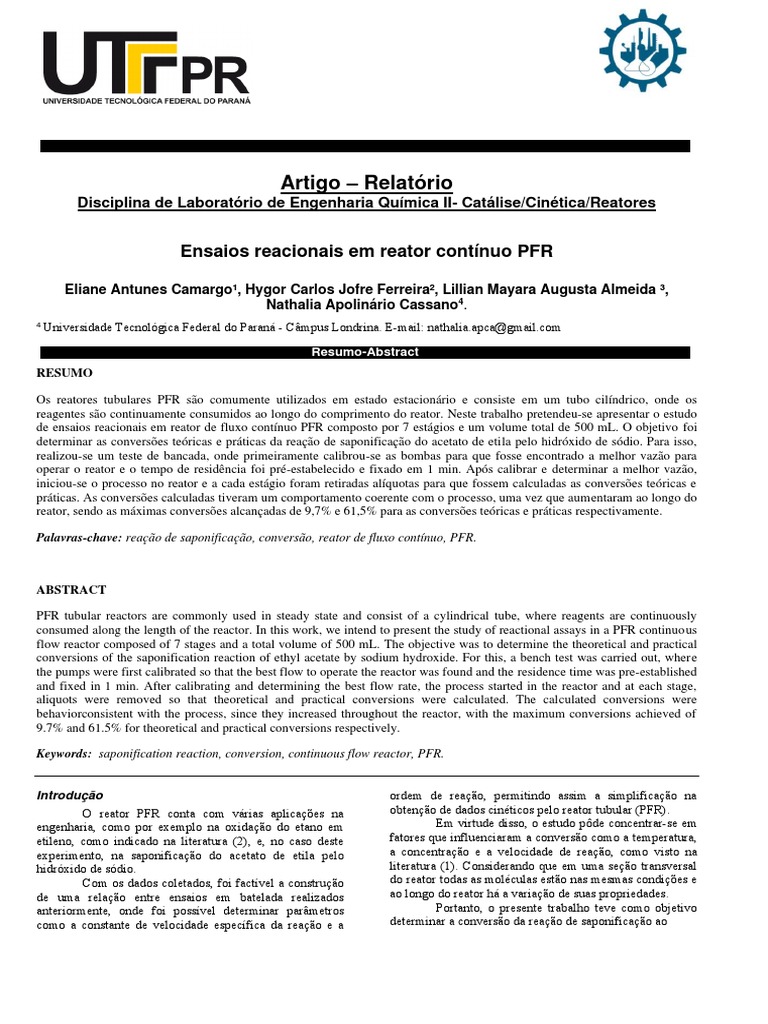 Ensaios Reacionais em Reator Contínuo PFR - Lab 2 - Corrigido | PDF ...