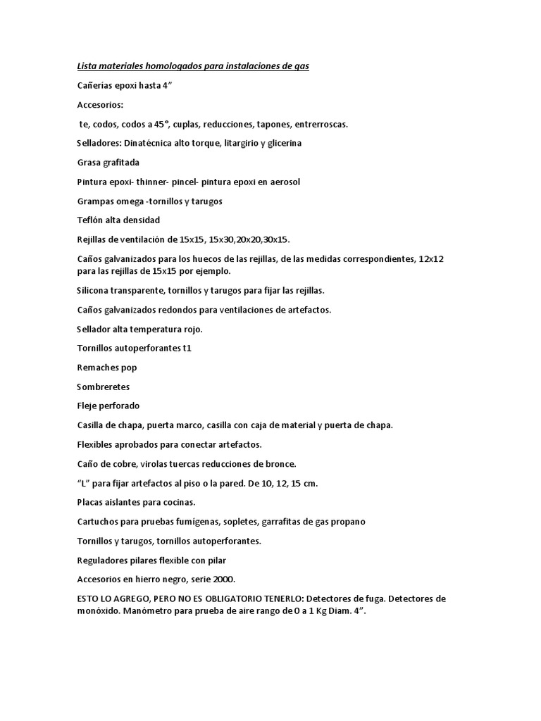 Lista Materiales para Instalacion de Gas | PDF