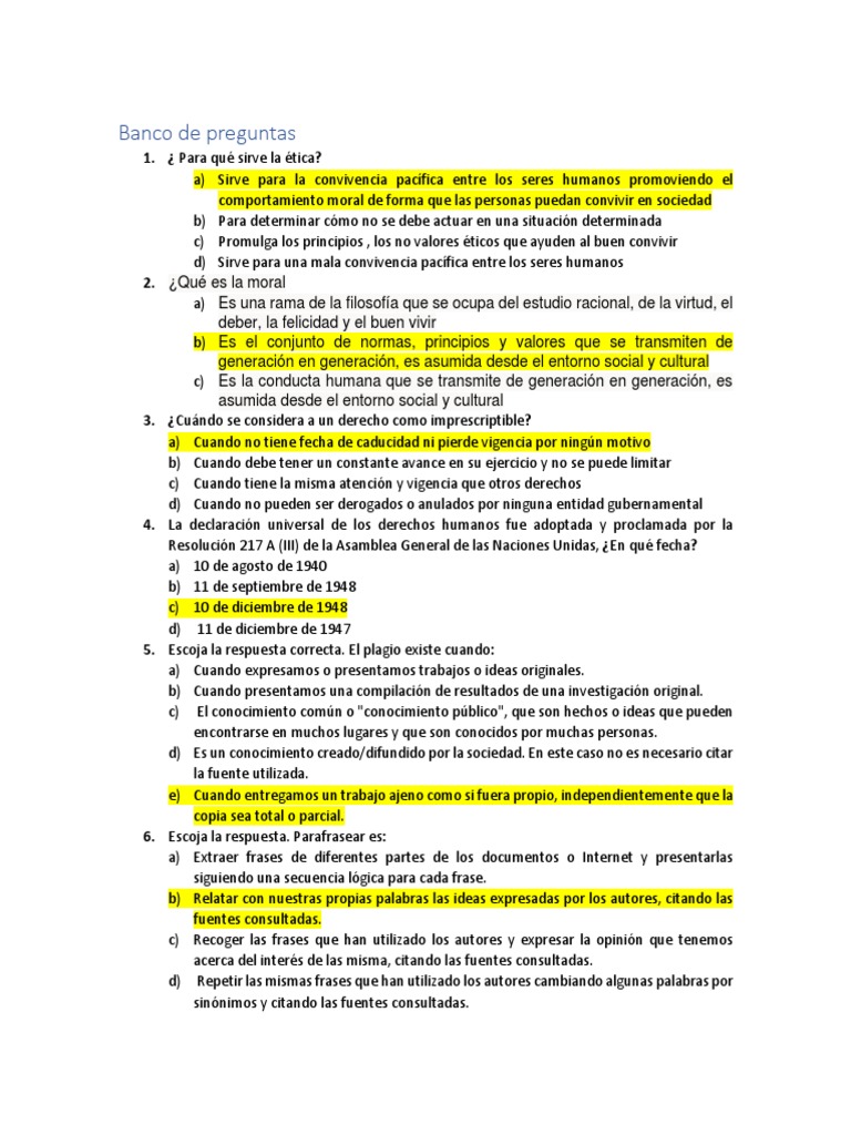 Banco de Preguntas Etica Universitaria | PDF | Moralidad