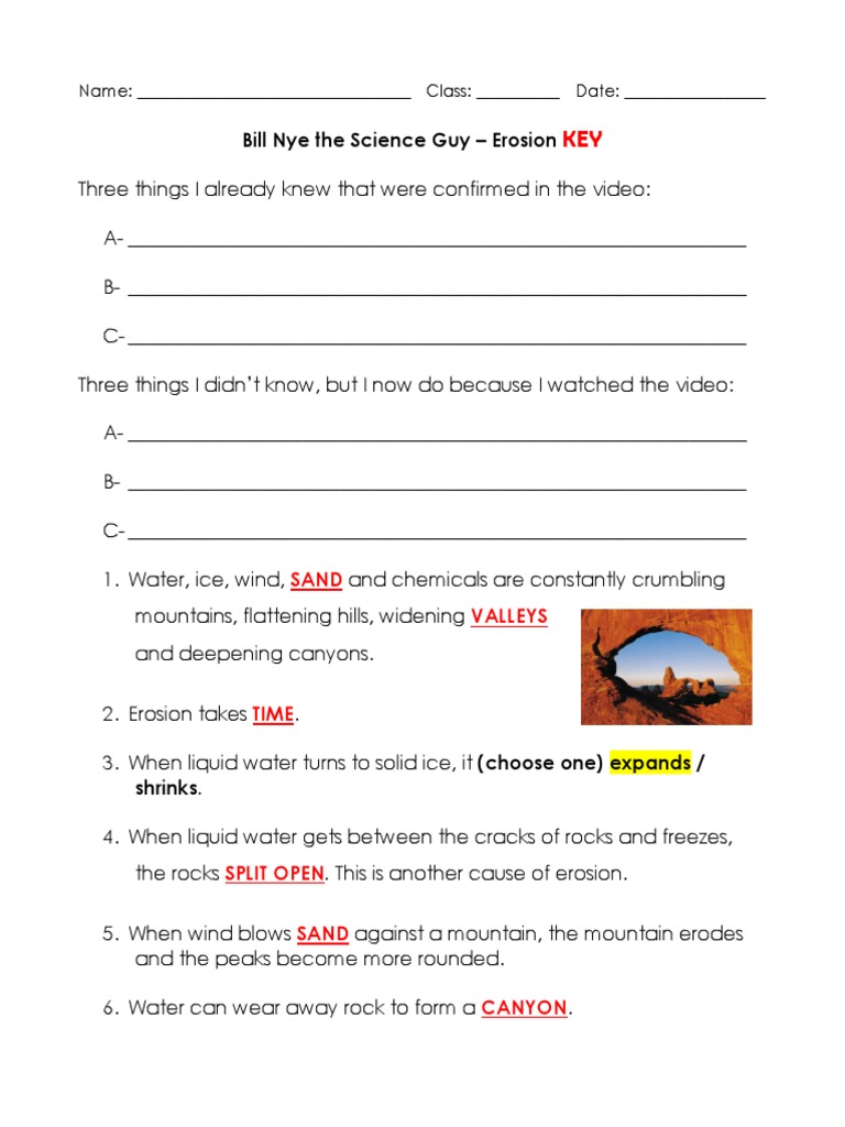 Bill Nye Erosion KEY Video Worksheet | PDF | Erosion | Water