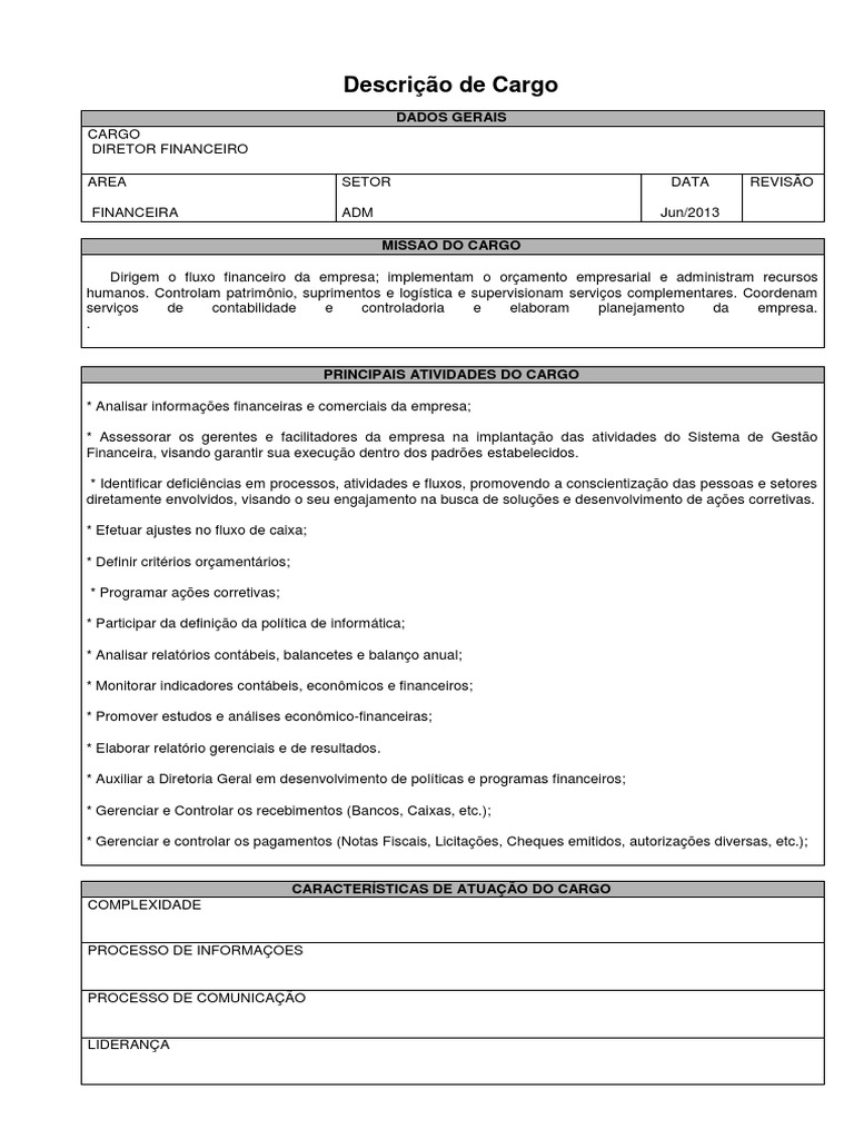 Descrição do Cargo: Diretor Financeiro | PDF | Contabilidade | Economias