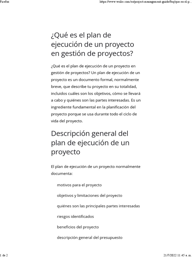 ¿Qué Es El Plan de Ejecución de Un Proyecto en Gestión de Proyectos | PDF