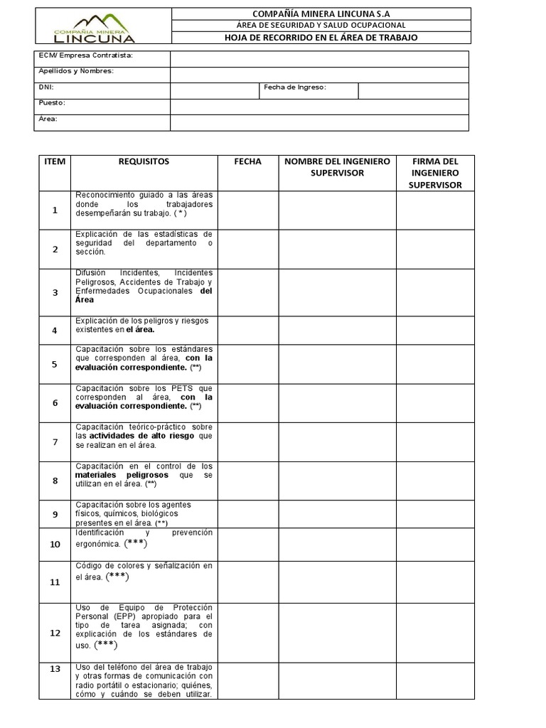 Hoja de Recorrido en El Area de Trabajo | PDF | Seguridad y salud ...