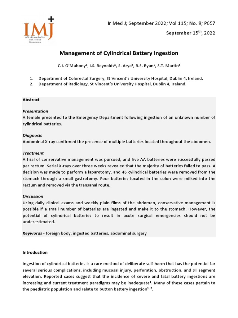 Management of Cylindrical Battery Ingestion | PDF