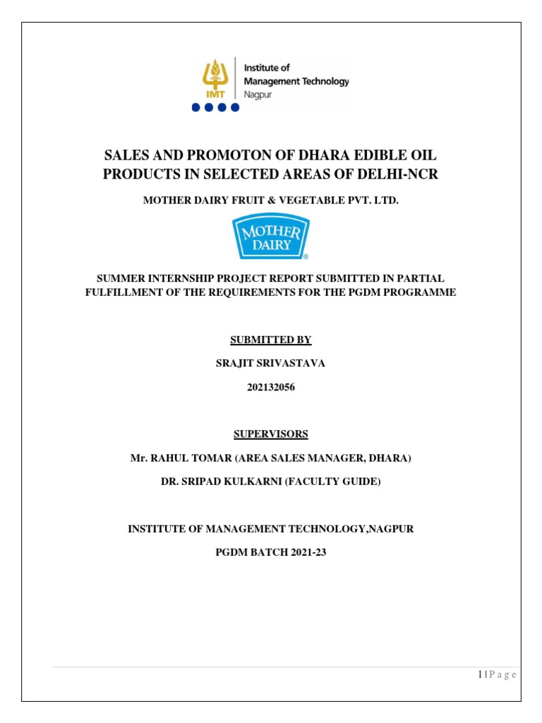 Srajit Srivastava Internship Report Dhara | PDF | Retail | Brand