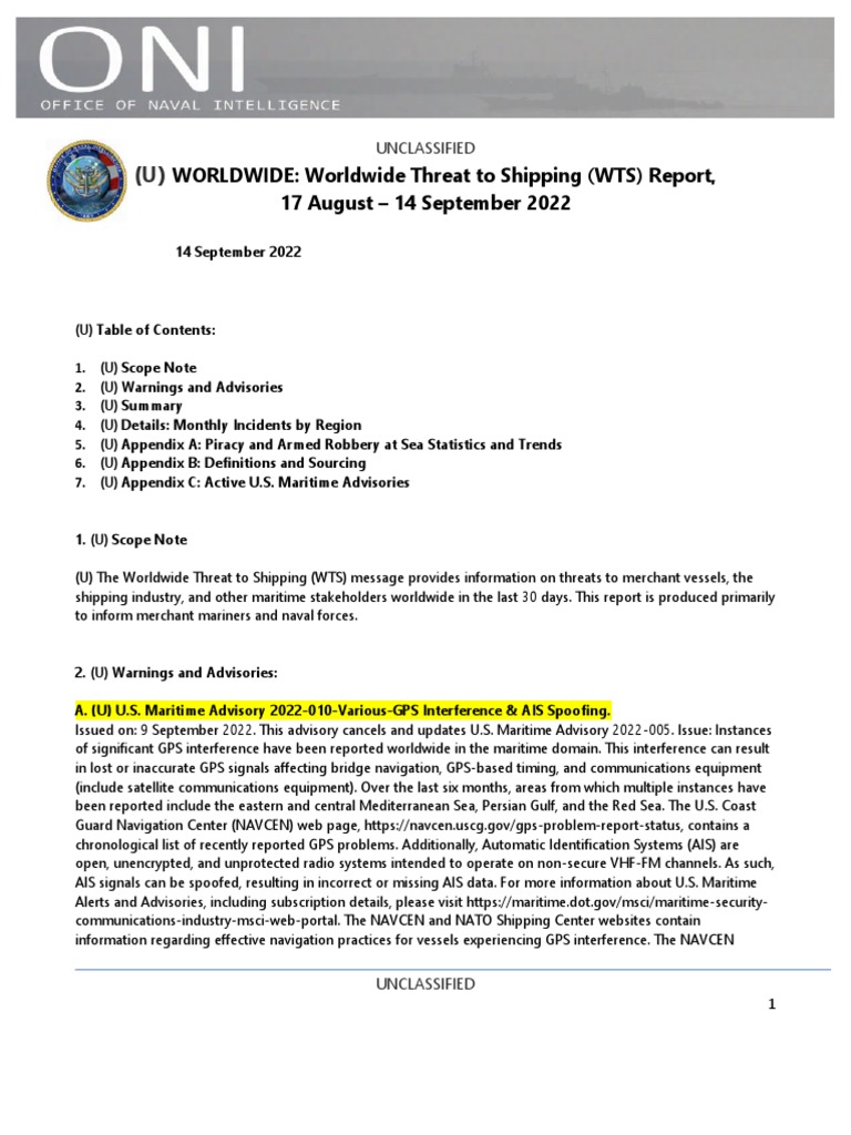 U.S. Navy Office of Naval Intelligence Worldwide Threat To Shipping ...